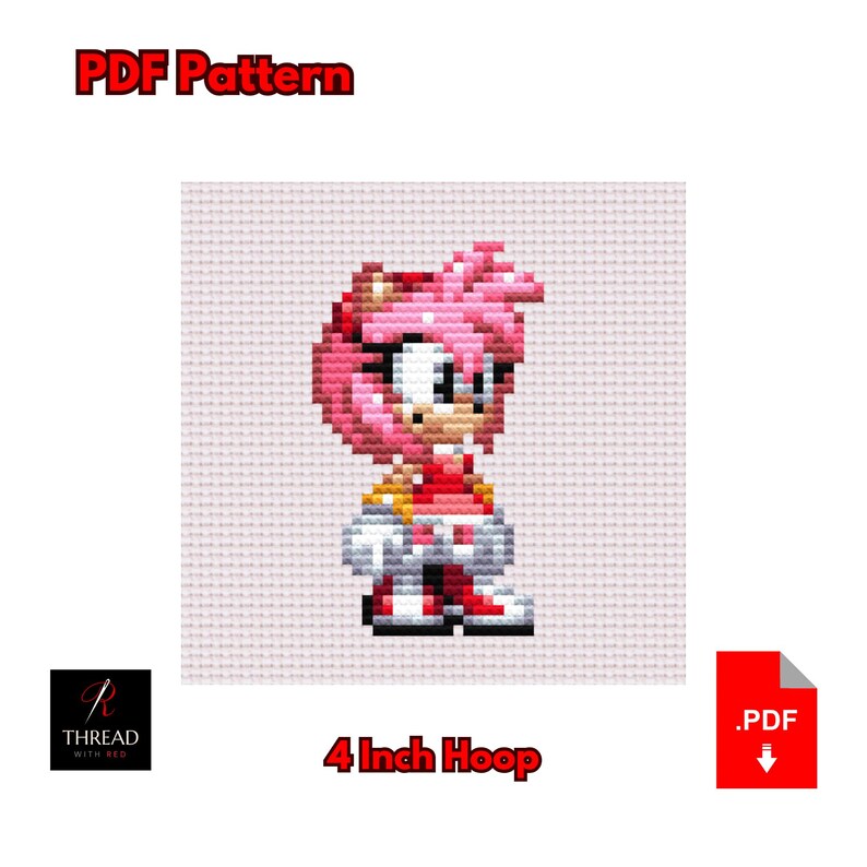 Amy Rose | Sonic the Hedgehog Cross Stitch Pattern | Cute | Small | 4 Inch Hoop | Beginner Cross ...