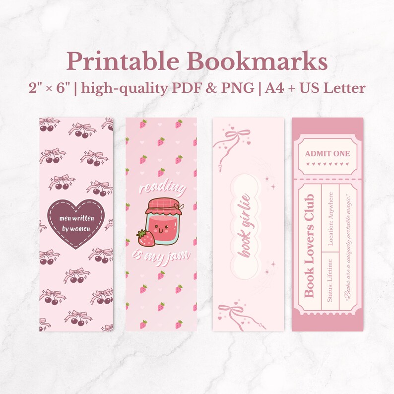 Printable Bookmark Set | Bookish Girly Coquette Pink Pastel Cute ...