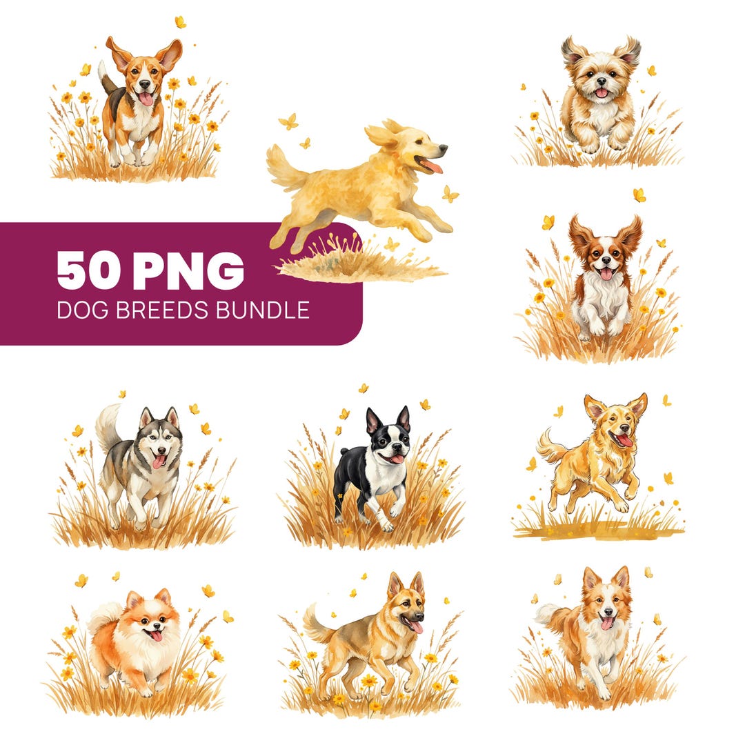Watercolor Dog Breeds Clipart Bundle, 50 PNG Illustrations (digital ...