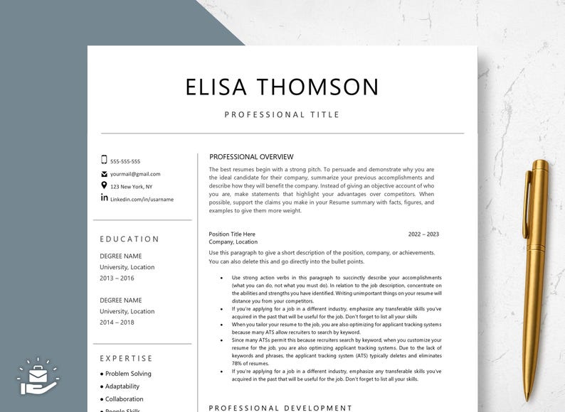 Professional Resume Template for MS Word, Mac Pages | Resume Template ...