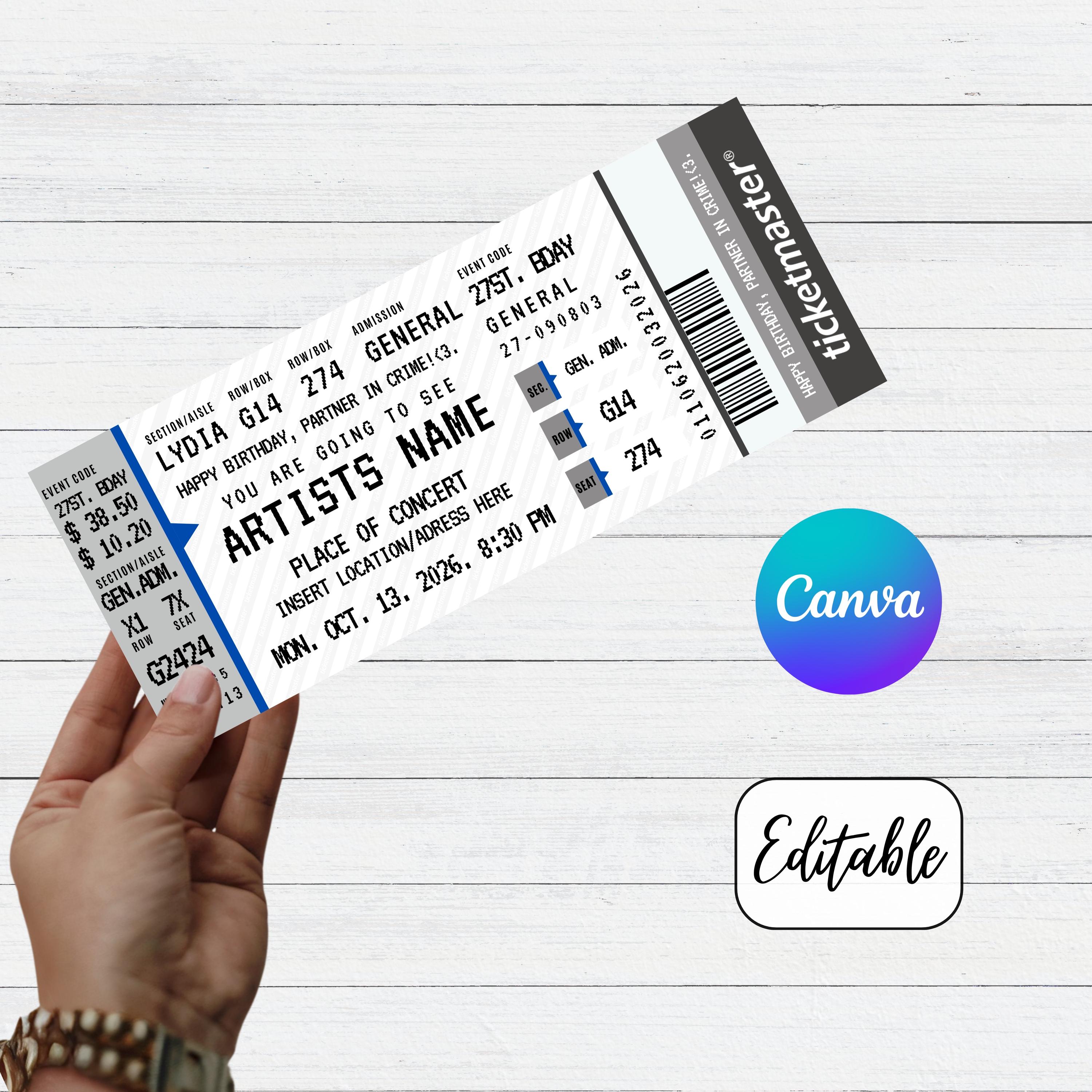 Ticketmaster Ticket | Editable Concert Ticket Template | Surprise ...