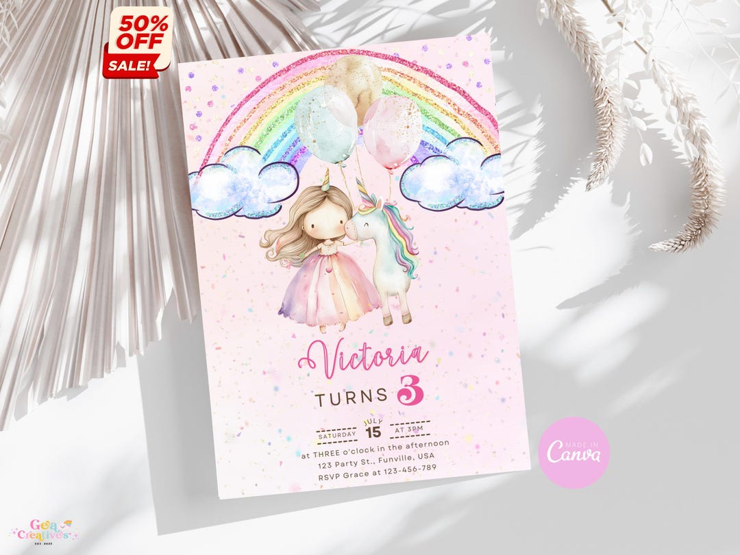 Editable Rainbow Unicorn Princess Birthday Invitation | Unicorn ...