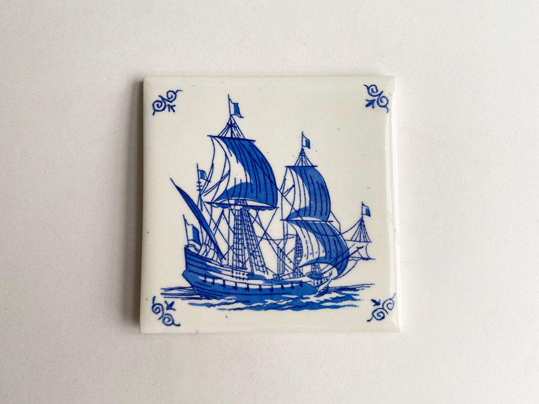 Reproduction Blue and White Delft Ship Wheeling Tile - Etsy