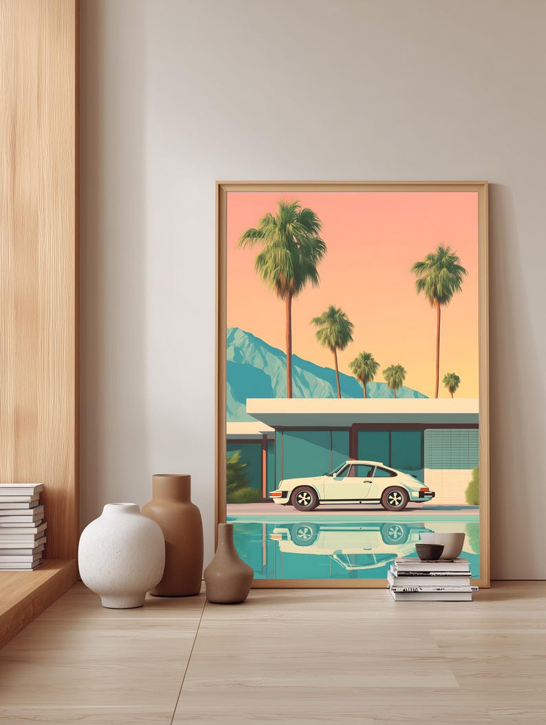 Retro Palm Springs Porsche 911 Poster Printable, Mid Century Modern Car ...