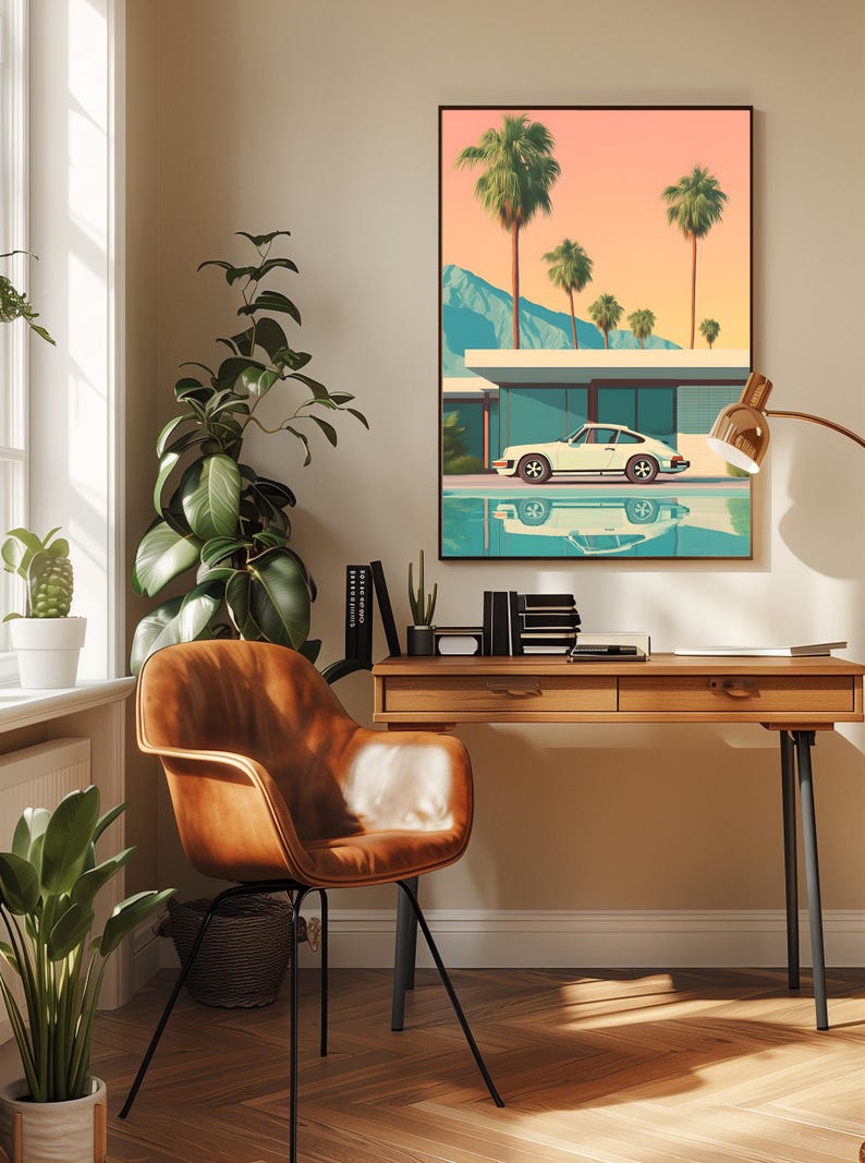 Retro Palm Springs Porsche 911 Poster Printable, Mid Century Modern Car ...