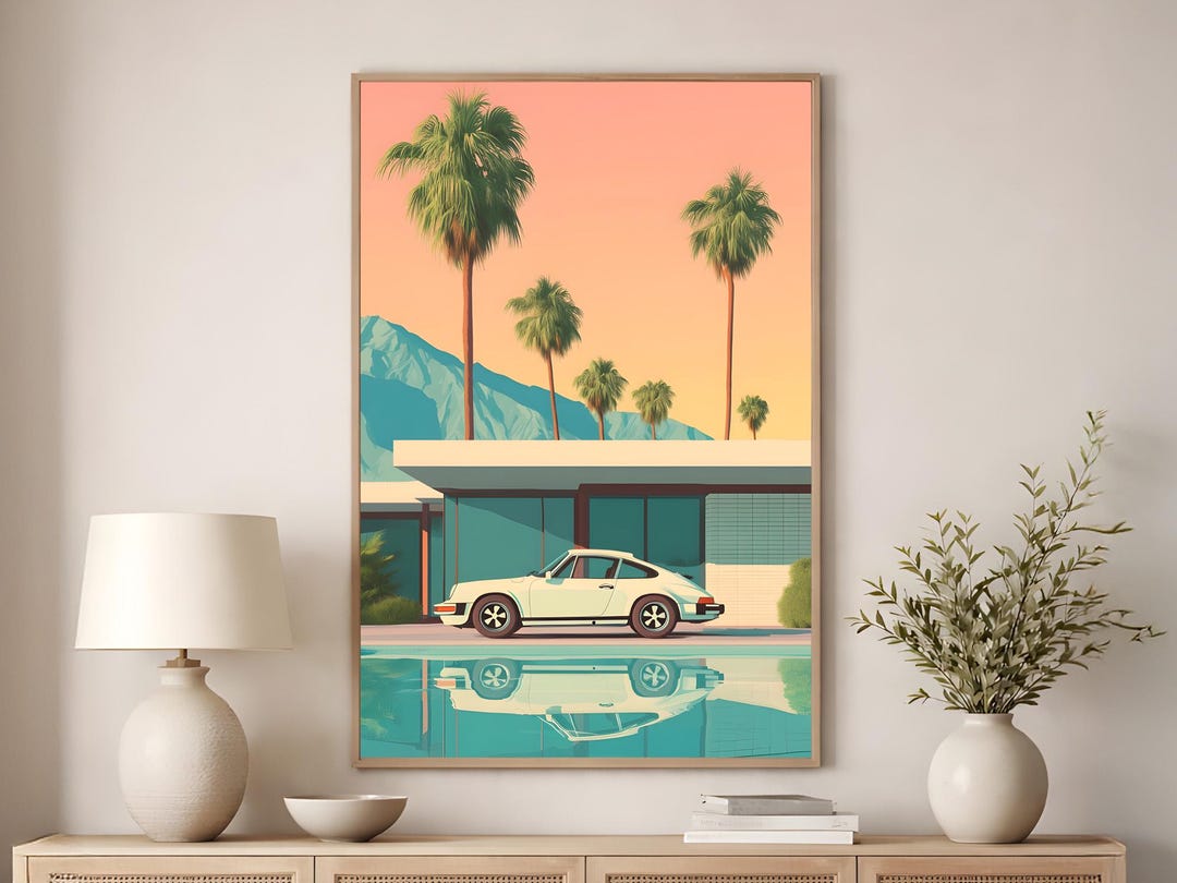 Retro Palm Springs Porsche 911 Poster Printable, Mid Century Modern Car ...