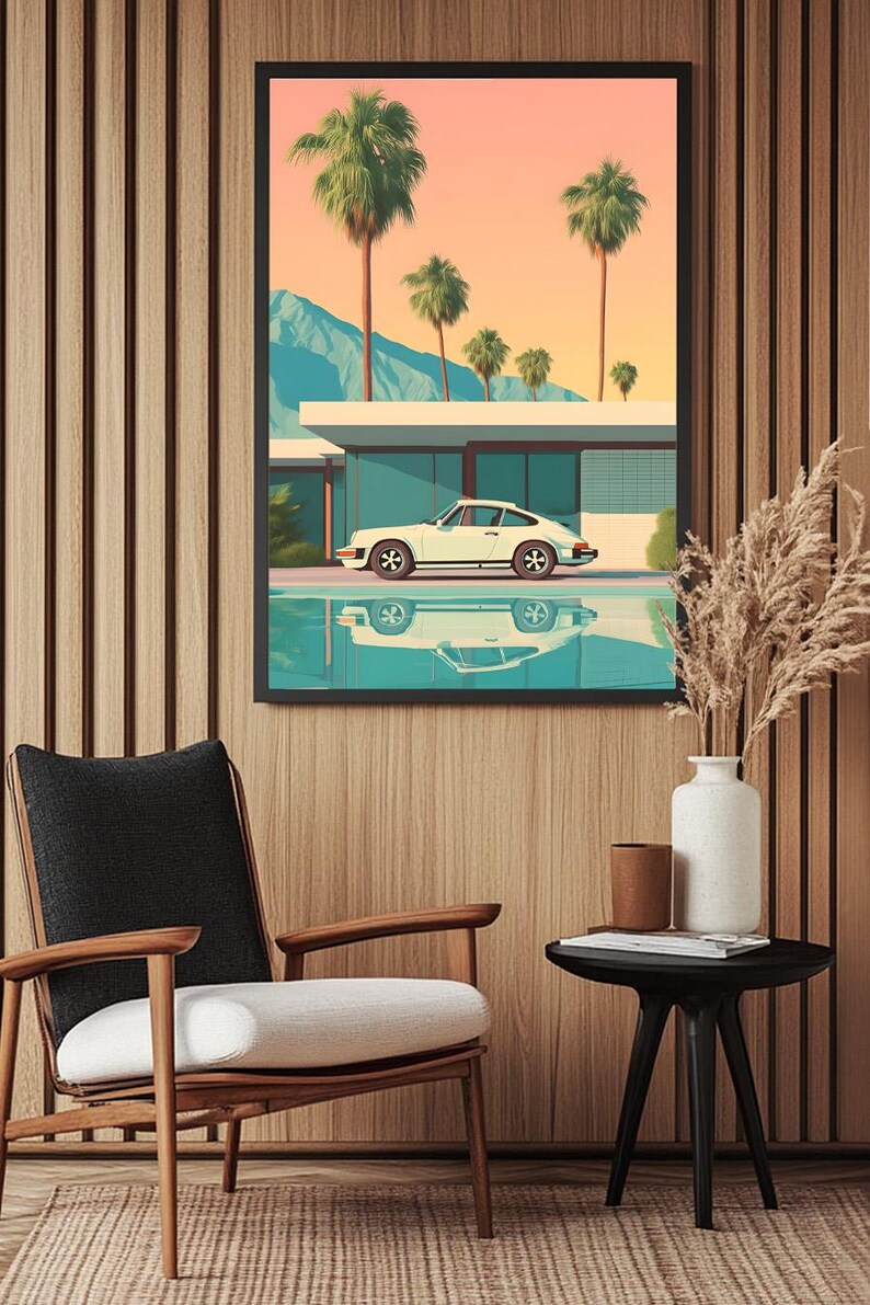 Retro Palm Springs Porsche 911 Poster Printable, Mid Century Modern Car ...