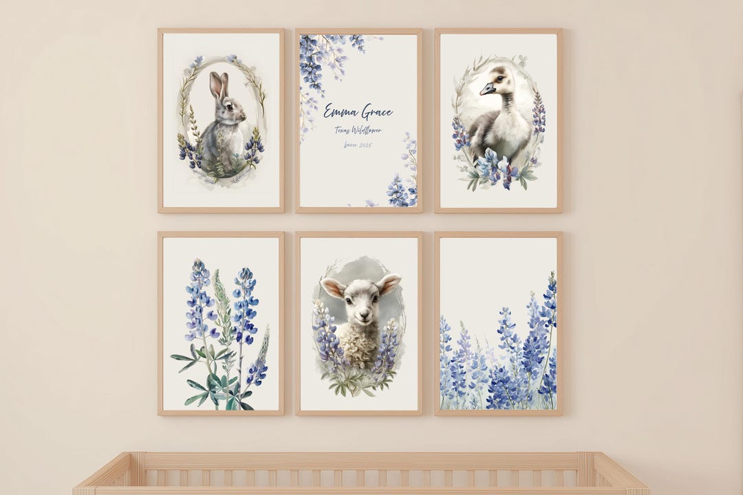 Bluebonnet Nursery Art Set, Personalized Baby Name Prints (digital ...