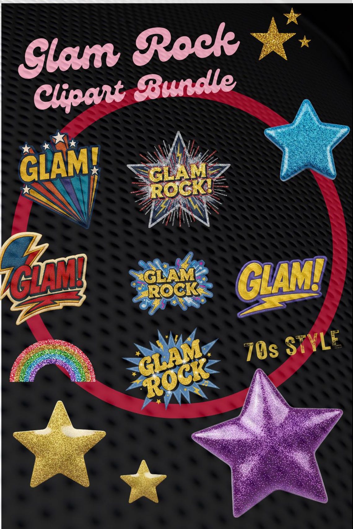 Retro Glam Rock Clipart Bundle: 70s Bowie Fashion, Glitter, Guitars ...