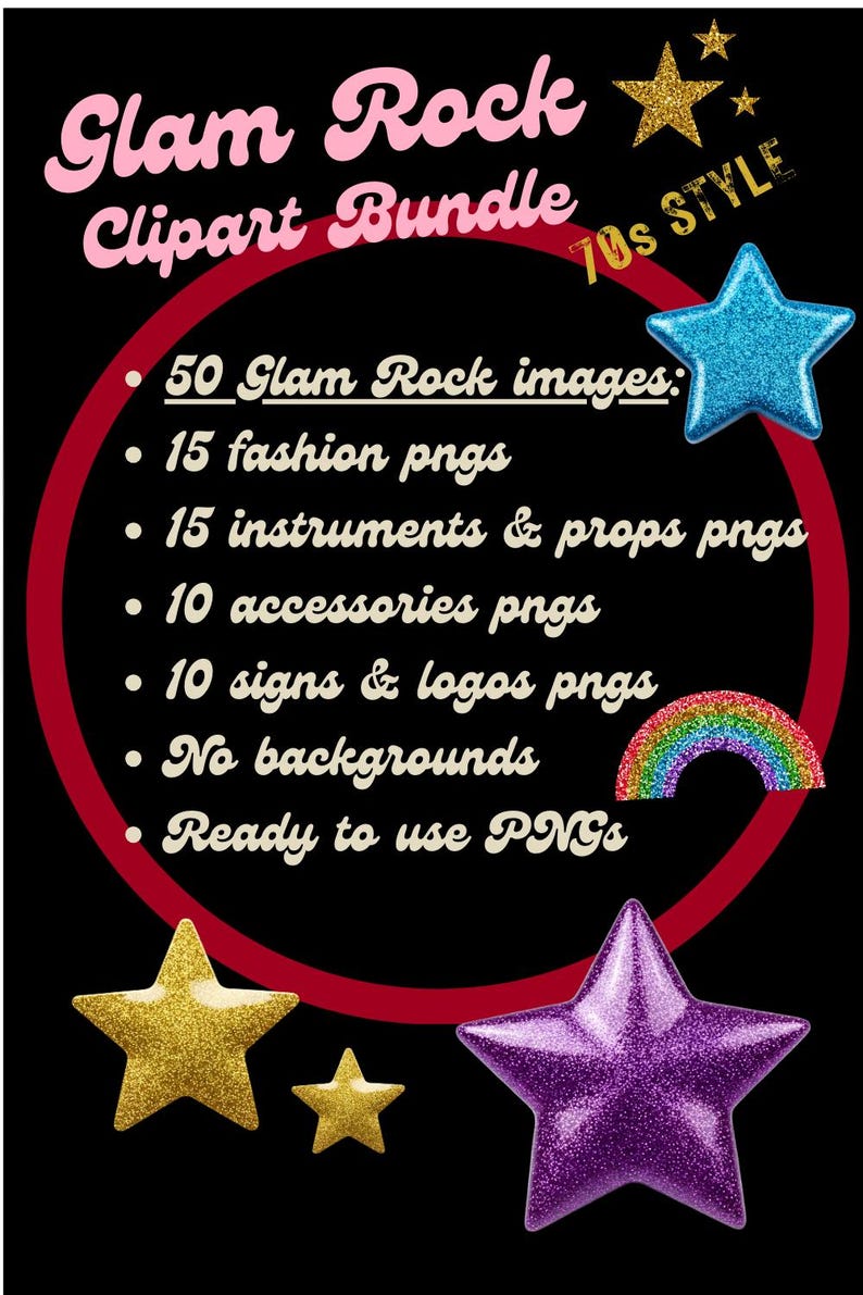 Retro Glam Rock Clipart Bundle: 70s Bowie Fashion, Glitter, Guitars ...