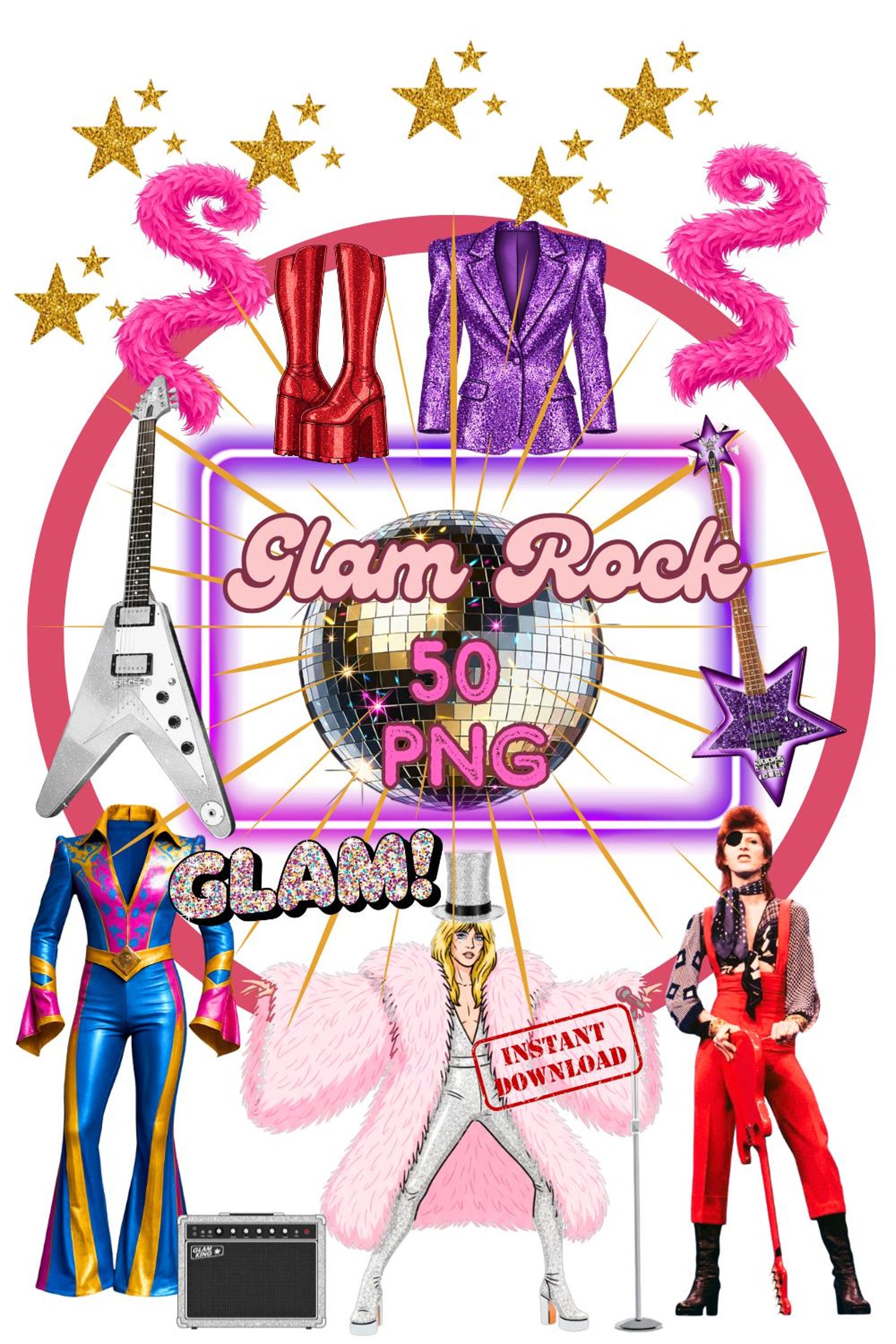 Retro Glam Rock Clipart Bundle: 70s Bowie Fashion, Glitter, Guitars ...