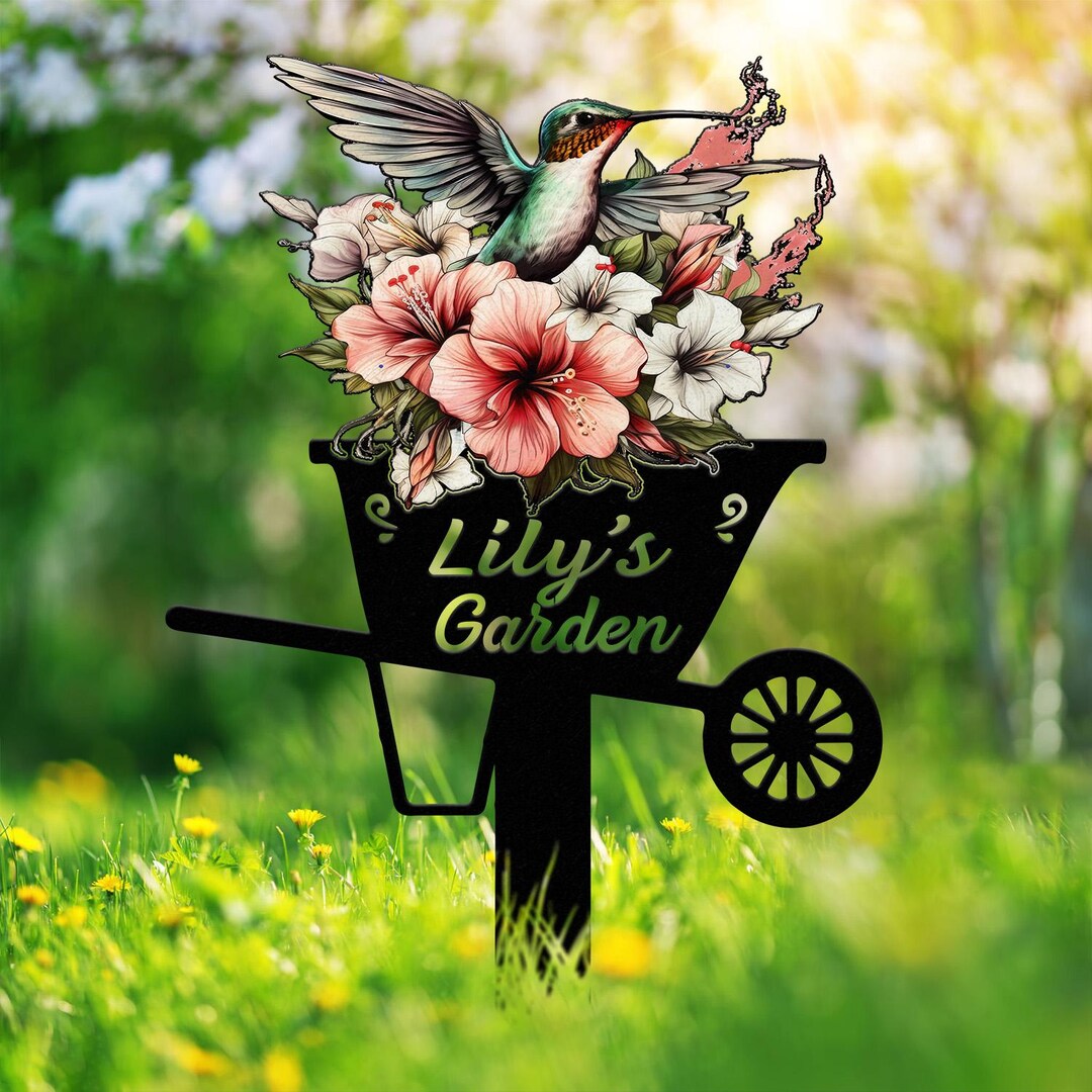 Custom Wheelbarrow Garden Sign, Personalized Flower Yard Stake, Rustic ...