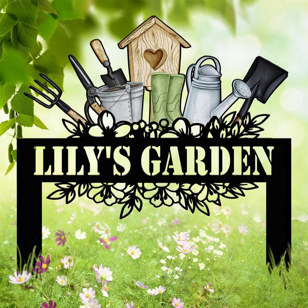Personalized Garden Tools Metal Sign, Custom Yard Stake for Flowerbeds ...