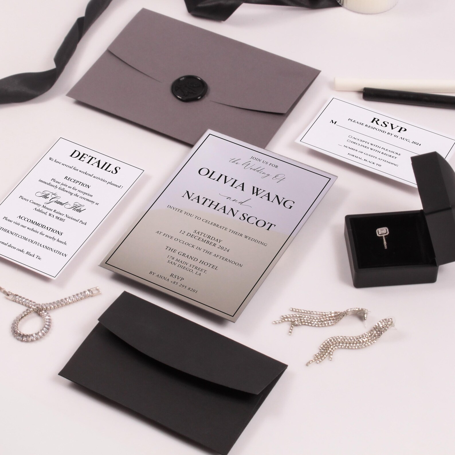 Silver Mirror Acrylic Wedding Invitation Set: Elegant White Print - Etsy