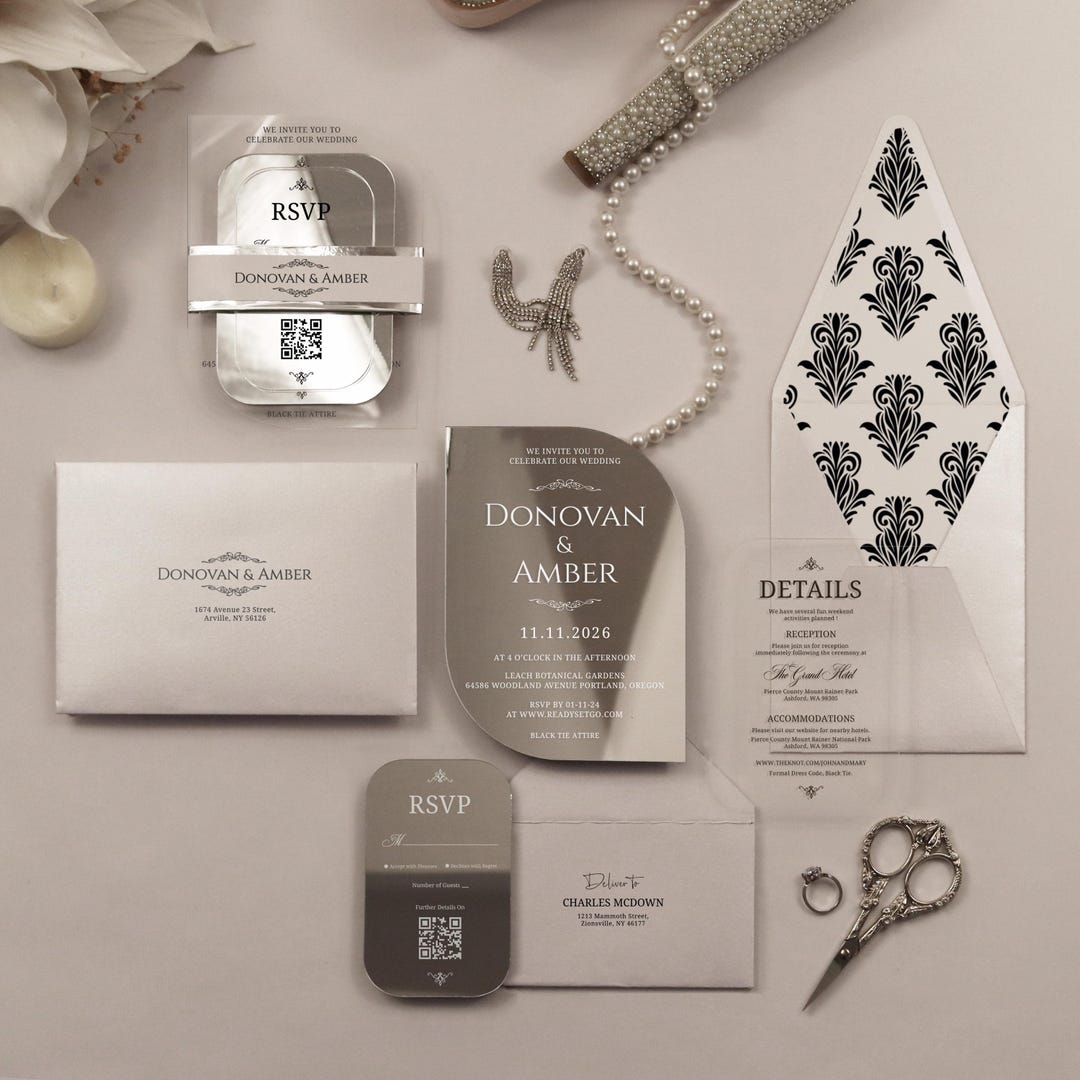 Silver Mirror Acrylic Wedding Invitation Set: Modern Elegant White ...