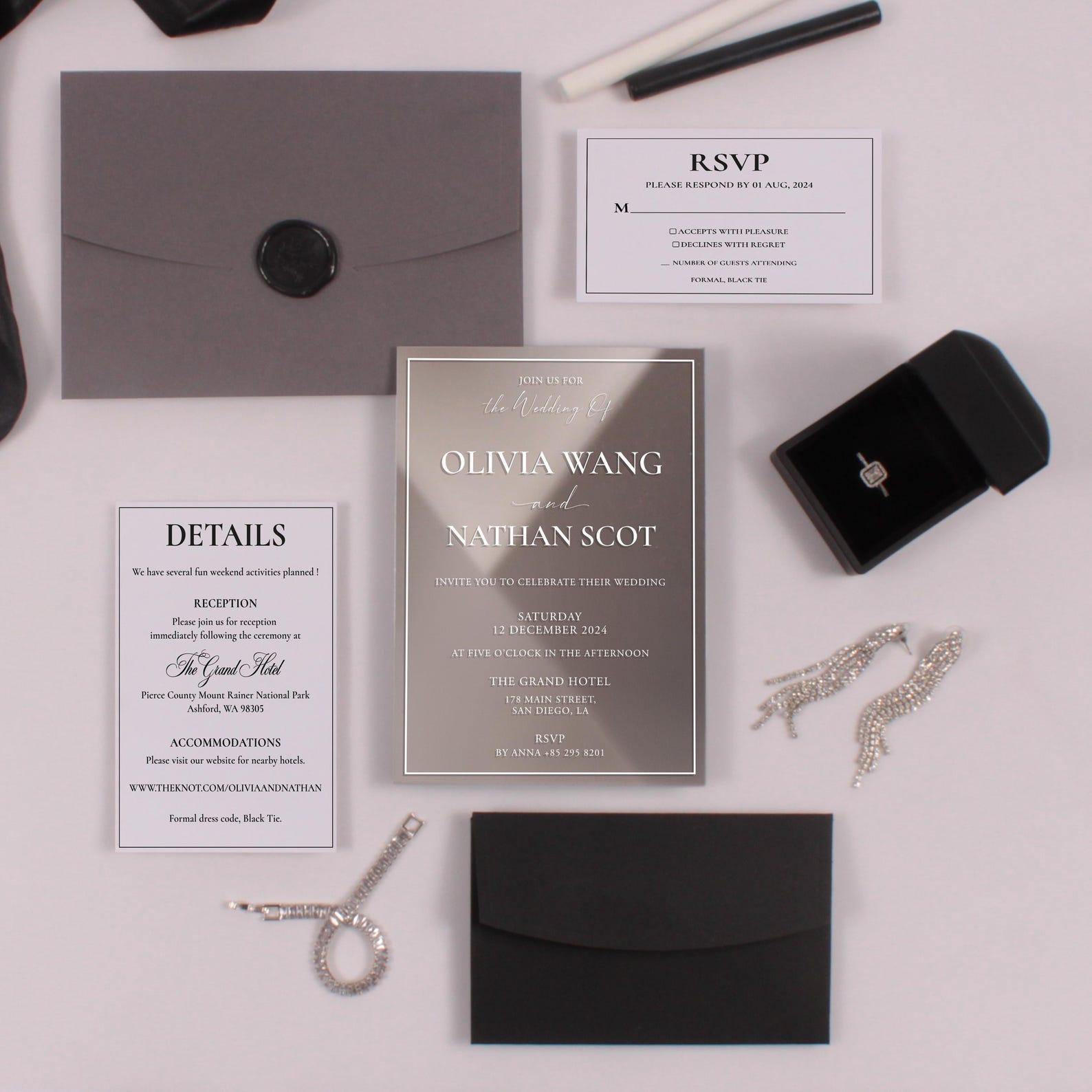Silver Mirror Acrylic Wedding Invitation Set: Elegant White Print - Etsy