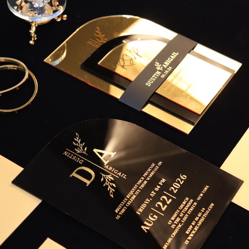 Black Acrylic Wedding Invitation: Gold Foil Laser-cut Design - Etsy