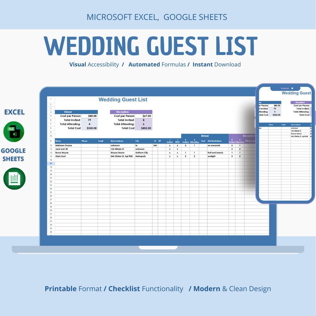 Wedding Guest List Spreadsheet, Excel Template | Guest Tracker ...
