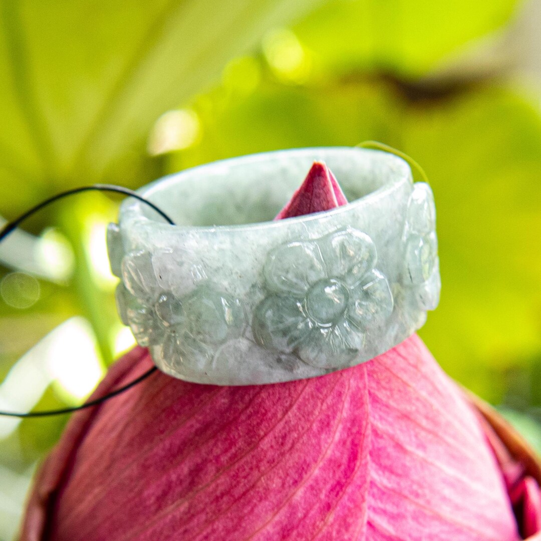 Hand-carved Burmese Jade Ring: Pikul Flower, Grade A Jadeite, US Size ...