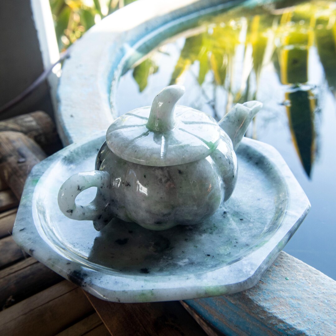 Rare Cute Hand-carved Green Jadeite Jade Teapot, 5 Teacup Set Symbol of Wealth, Harmony ...