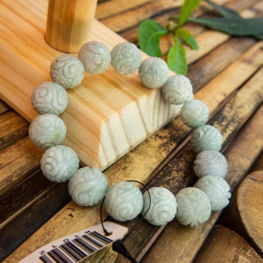 Burmese White Jade Bracelet: Hand-carved Floral Rosary, Grade A Jade - Etsy