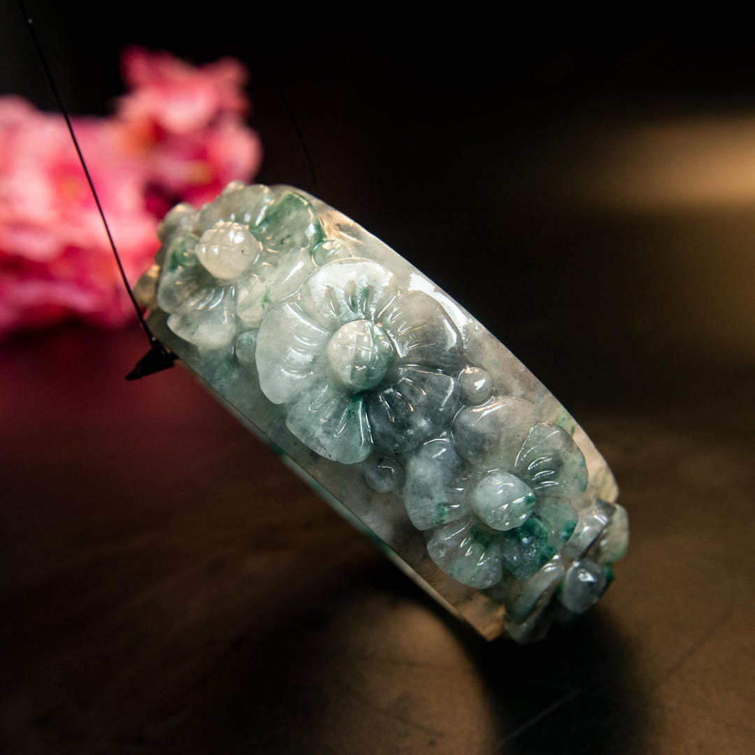 Burmese Jade Bangle: Hand-carved Pikul Flower Amulet, Grade A Jadeite ...