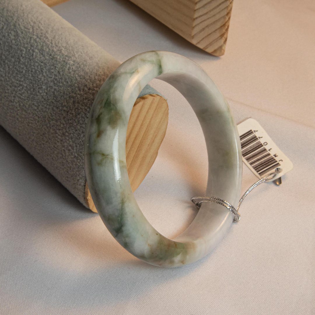 Burmese Jadeite Bangle: Grade A Jade Bracelet, White & Green Marble ...