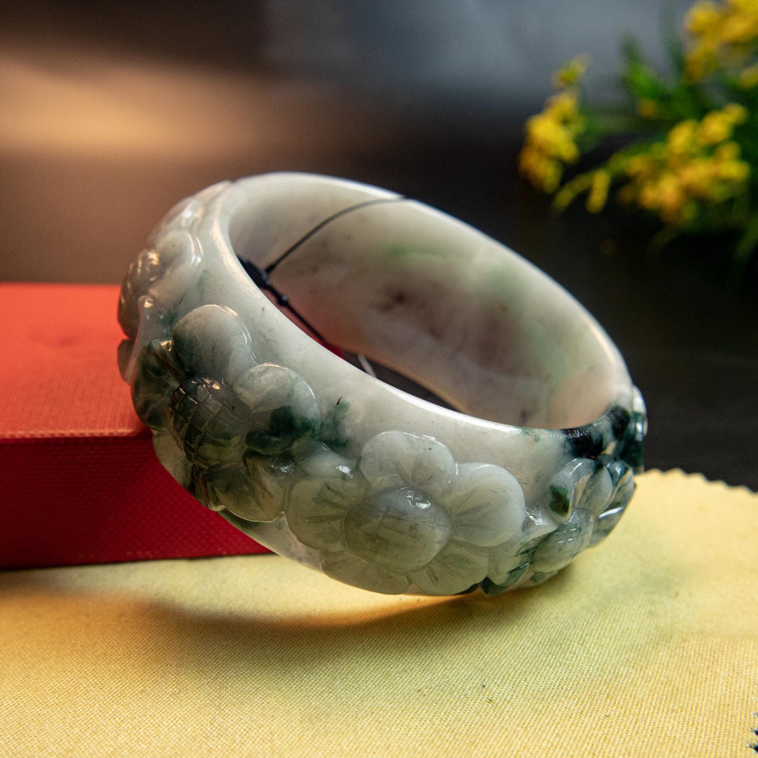Burmese Jadeite Bangle: Hand-carved Pikul Flower, Moss-in-snow - Etsy