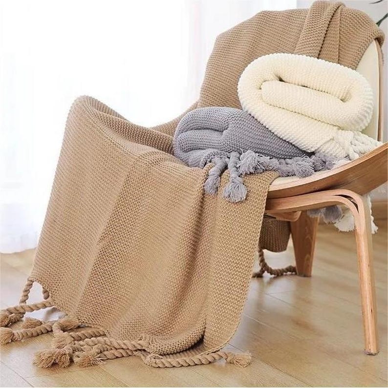 Nordic Knitted Throw Blanket: Organic Cotton Bed Cover With Tassels - Etsy