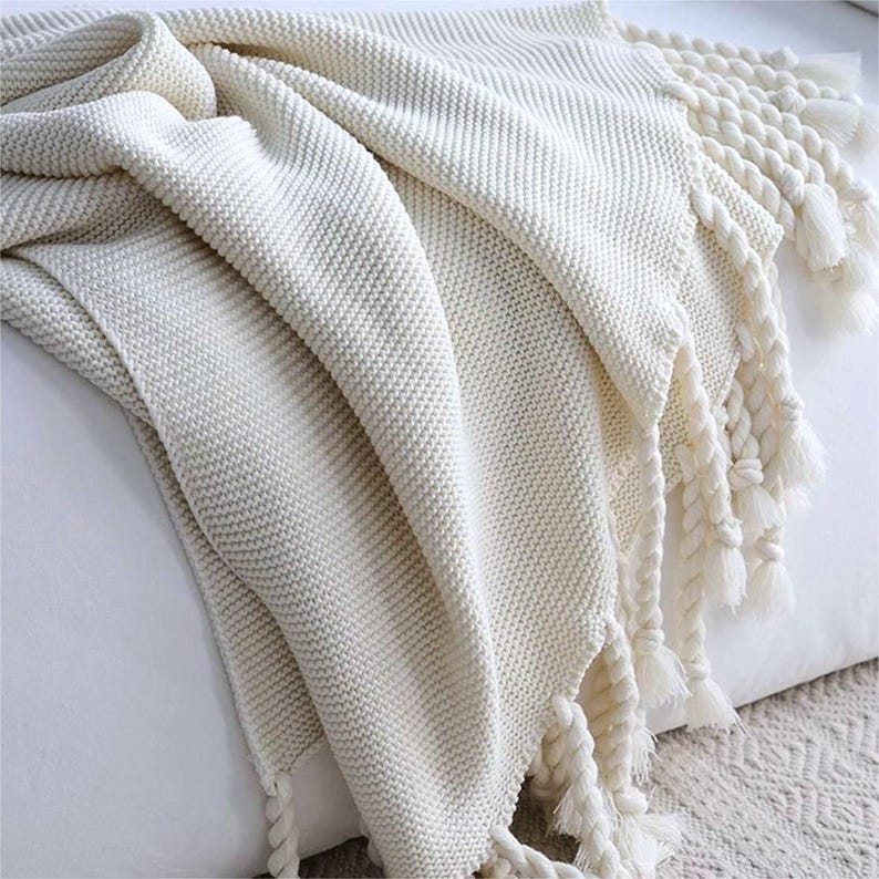 Nordic Knitted Throw Blanket: Organic Cotton Bed Cover With Tassels - Etsy