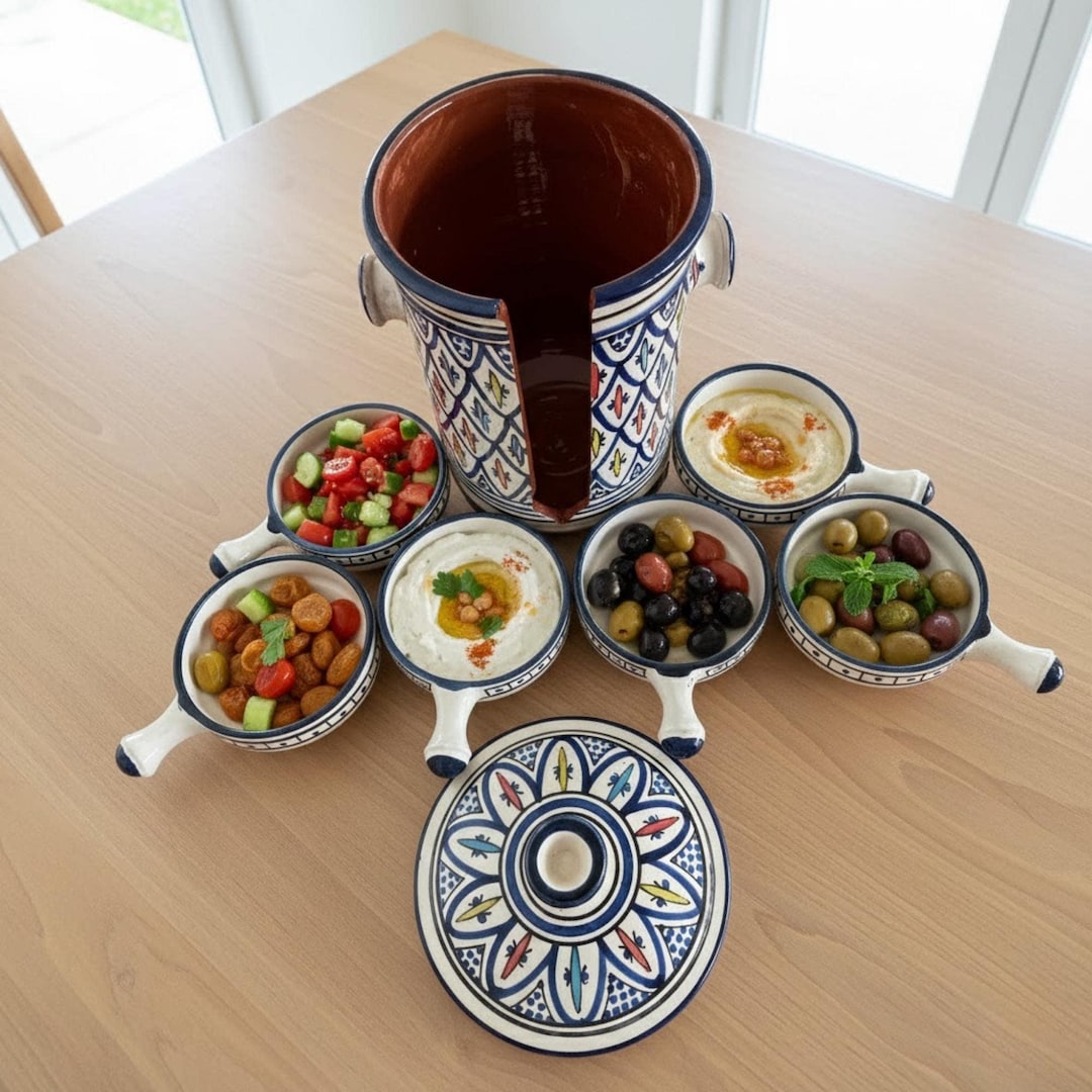 Handmade Moroccan Ceramic Serving Set From Safi – Floral Blue Jar With ...