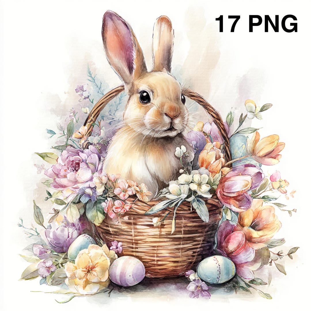 17 PNG Easter Spring Bunny in Busket Watercolor Clipart Digital Easter ...