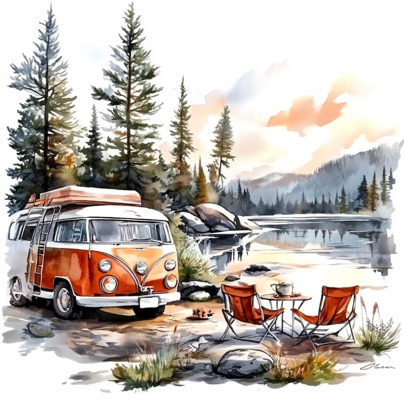 14 PNG Camping Trailer Clipart Bundle Printable Watercolor Mountains ...