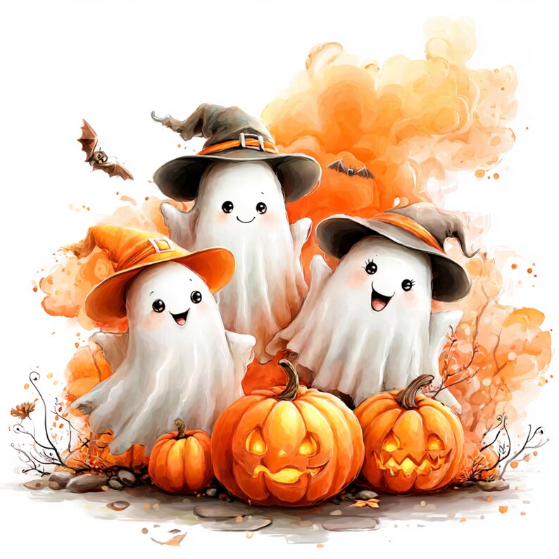 18 PNG Spooky Ghosts With Pumpkin Watercolor Ghost Halloween ...