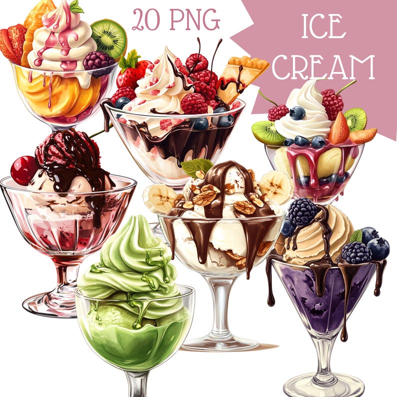 20 PNG Ice Cream Watercolor Clipart Summer Food Sweet Dessert Summer ...