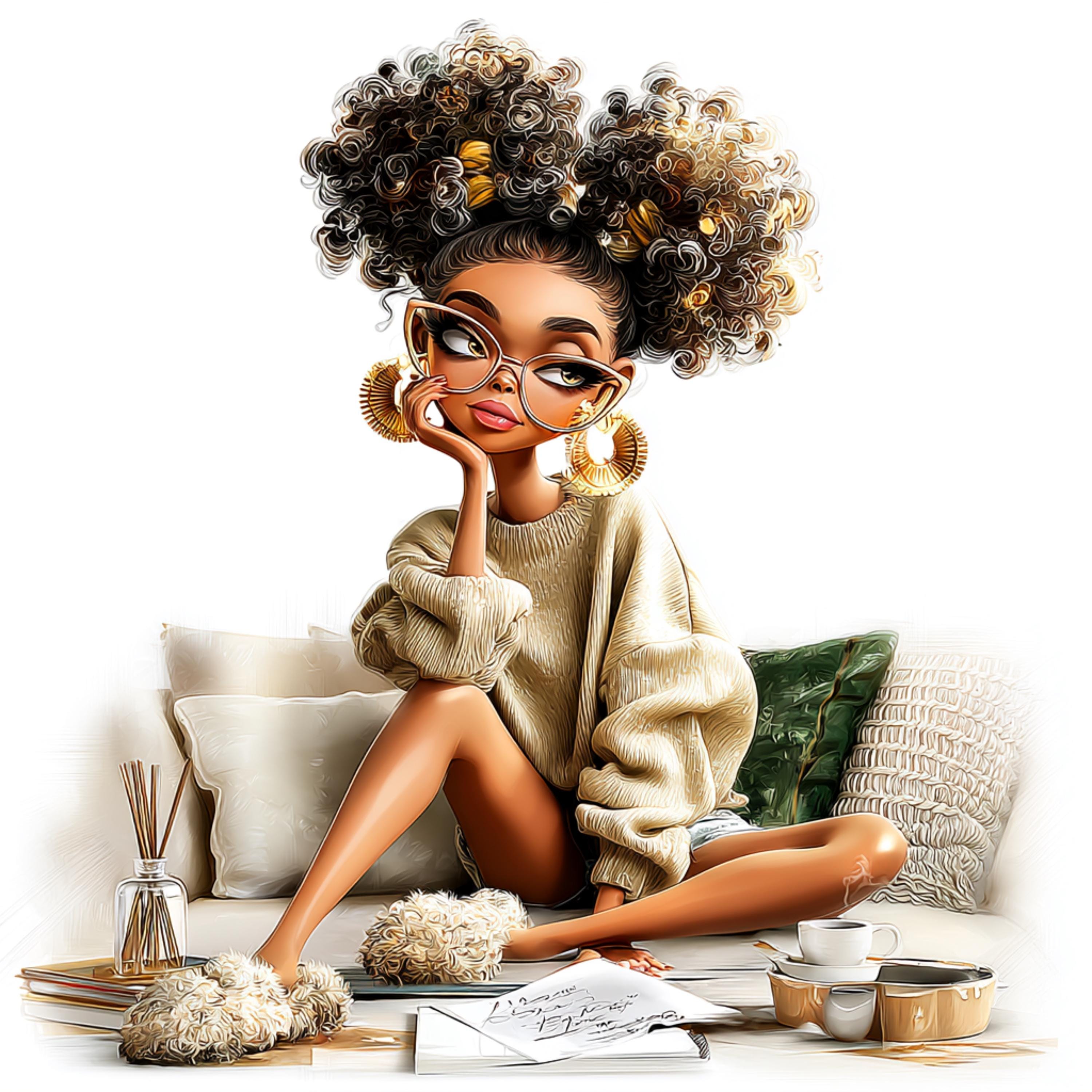 22 PNG Black Girl on the Couch Planning Book Relax Clipart Self-care ...