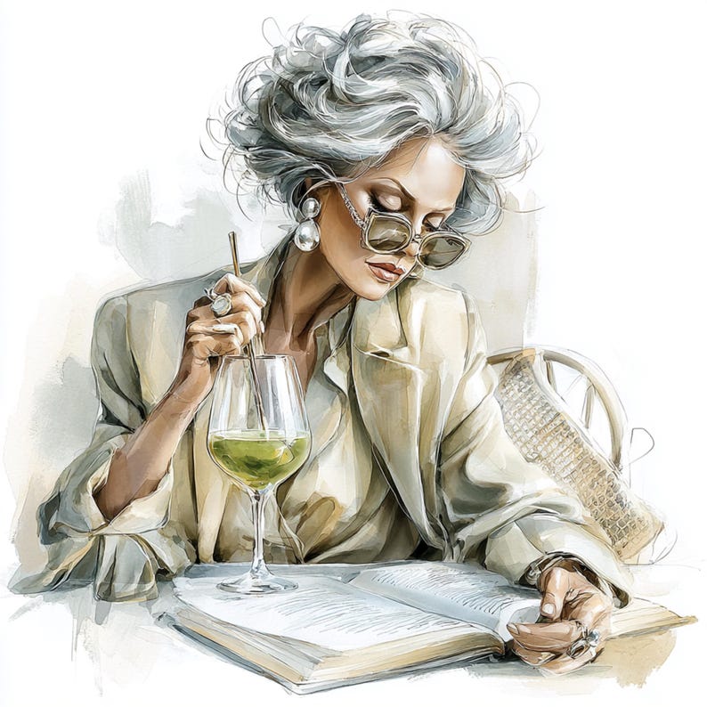 Stylish Elderly Woman Clipart: Cocktail Drinker, Fashionable Senior Art ...