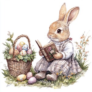 16 PNG Easter Bunny With Book Watercolor Clipart Easter Eggs Easter ...