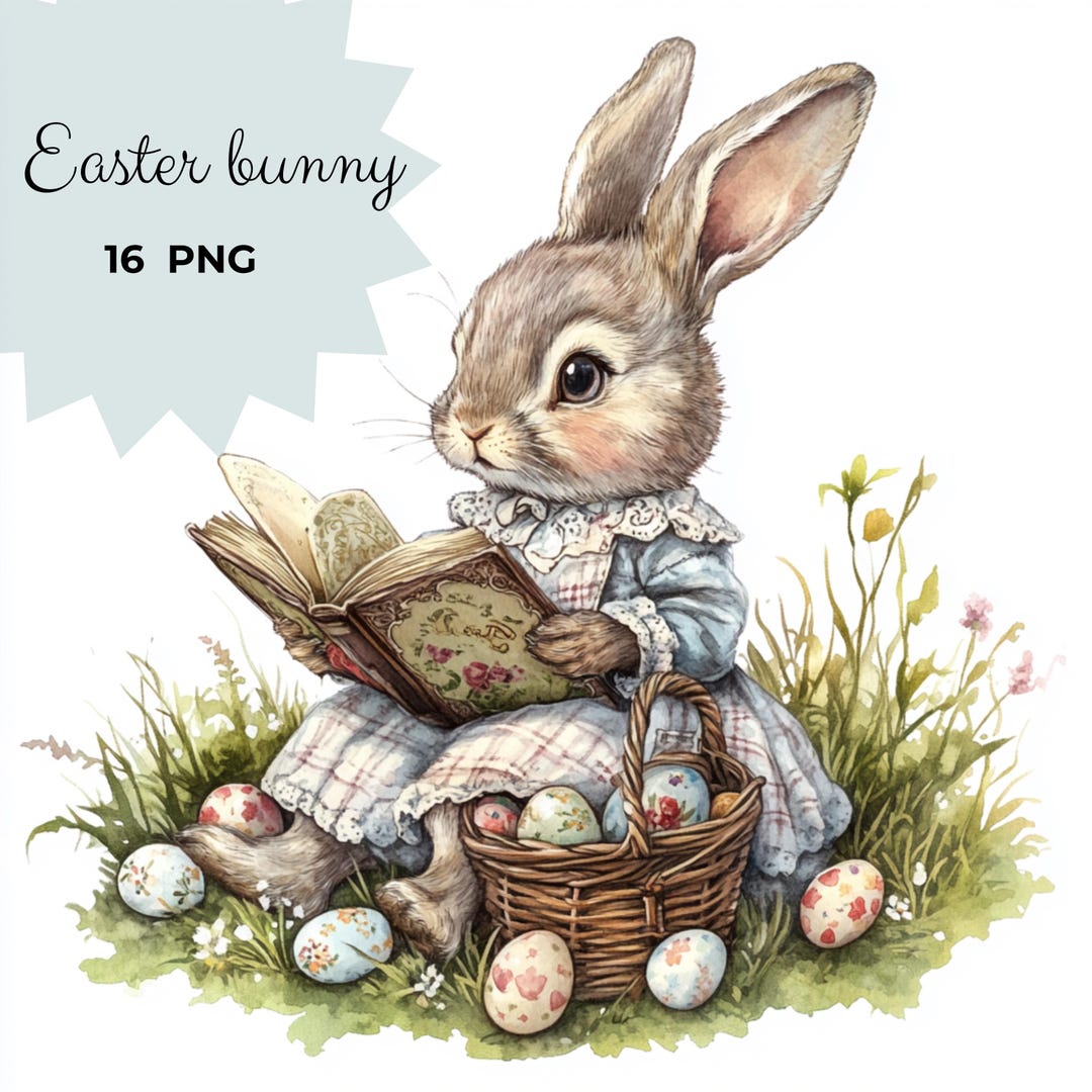 16 PNG Easter Bunny With Book Watercolor Clipart Easter Eggs Easter ...