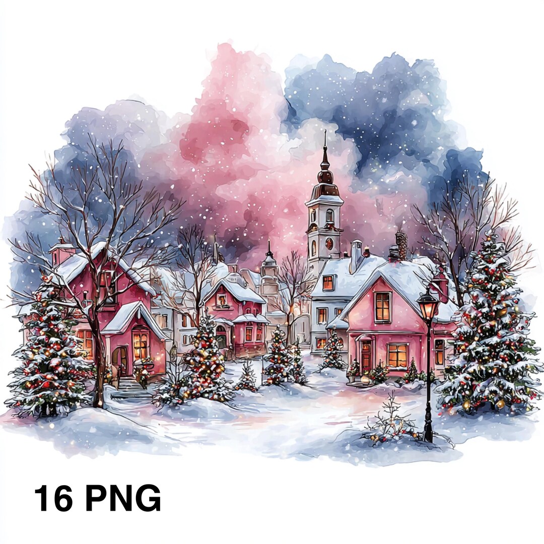 16 PNG Christmas Winter Village Clipart Holiday Decor Pink Sage Snowy ...