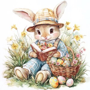 16 PNG Easter Bunny With Book Watercolor Clipart Easter Eggs Easter ...