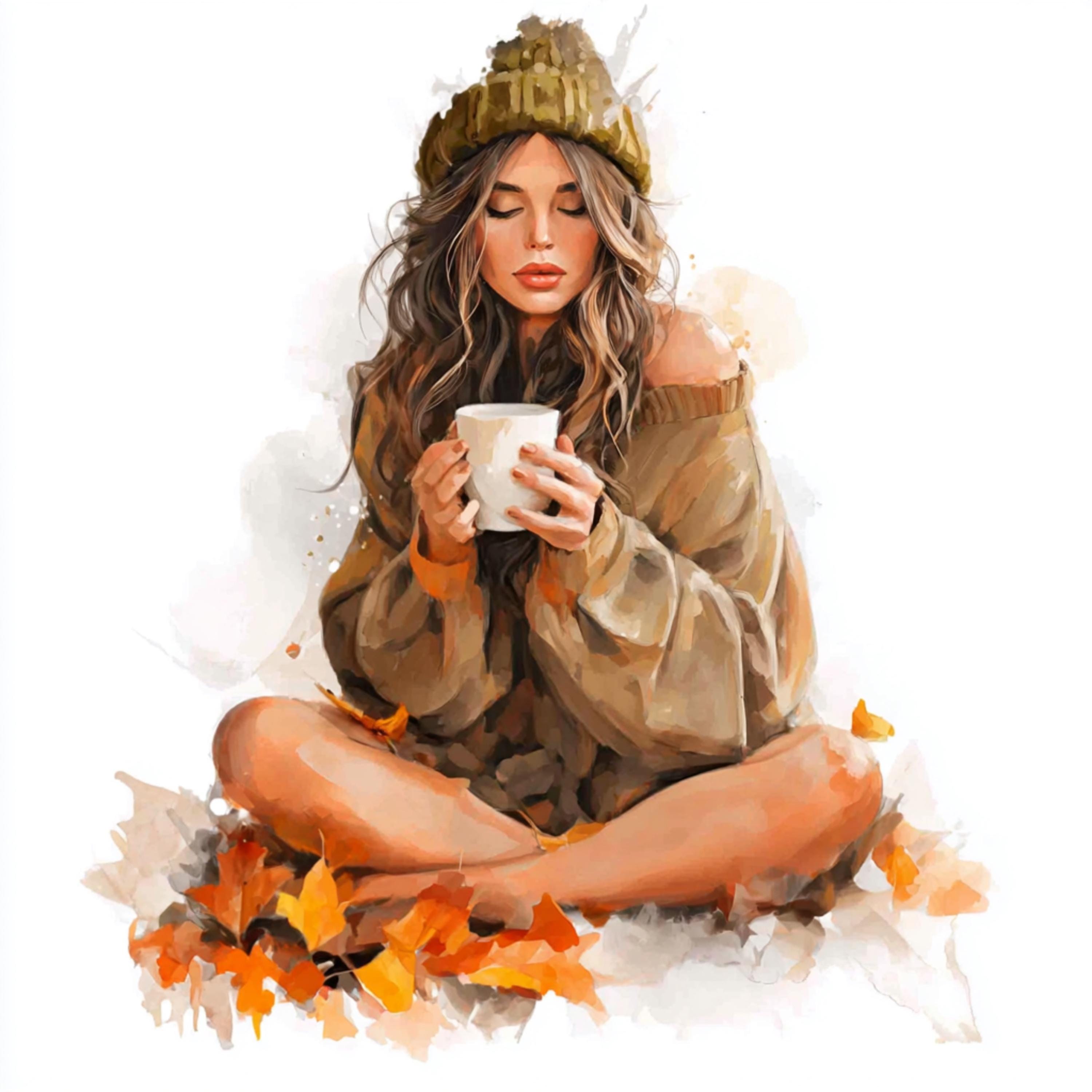 16 PNG Autumn Girl With Coffee Soft Autumn Girl Watercolor Cozy Lady ...