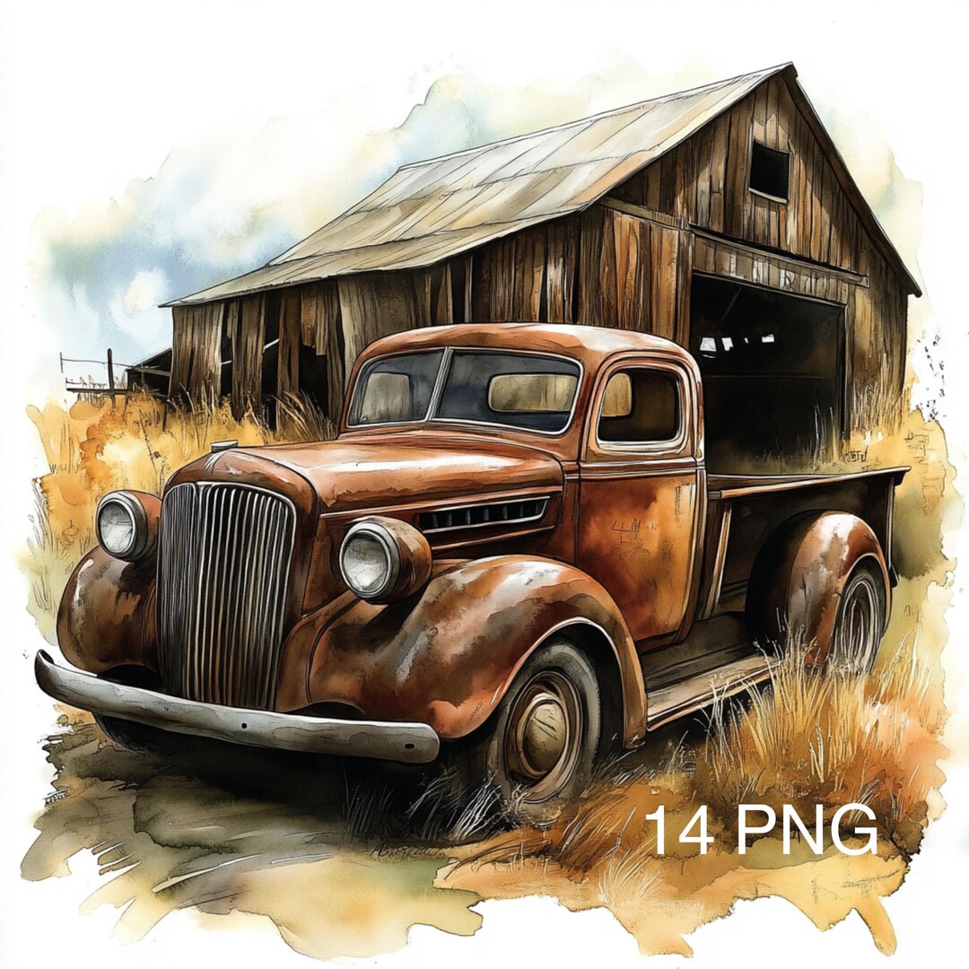 14 PNG Watercolor Old Farm Pickup Truck Clipart Digital Download ...