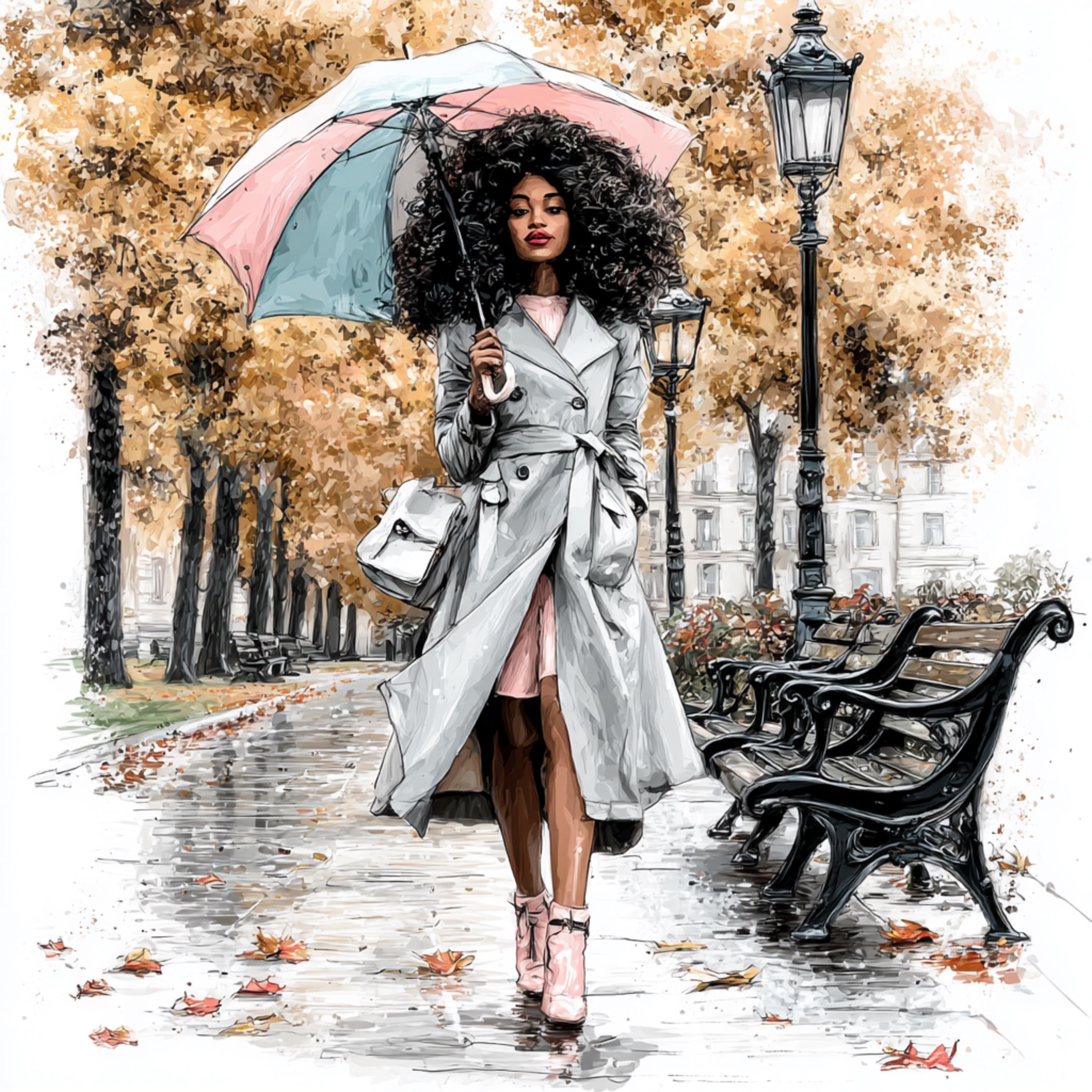 18 PNG Black Woman in Autumn Park Clipart Rainy Day Umbrella Scene ...