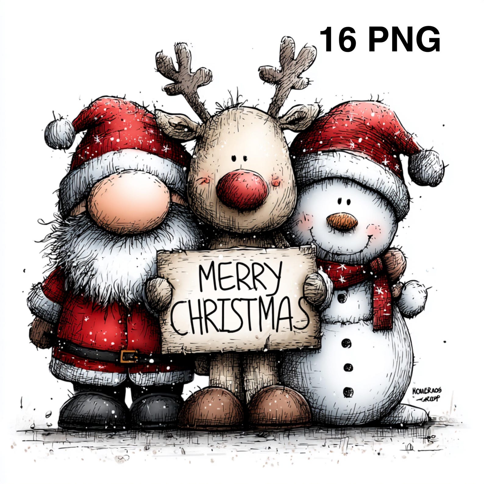 16 PNG Merry Christmas Santa Reindeer Snowman Christmas Digital ...