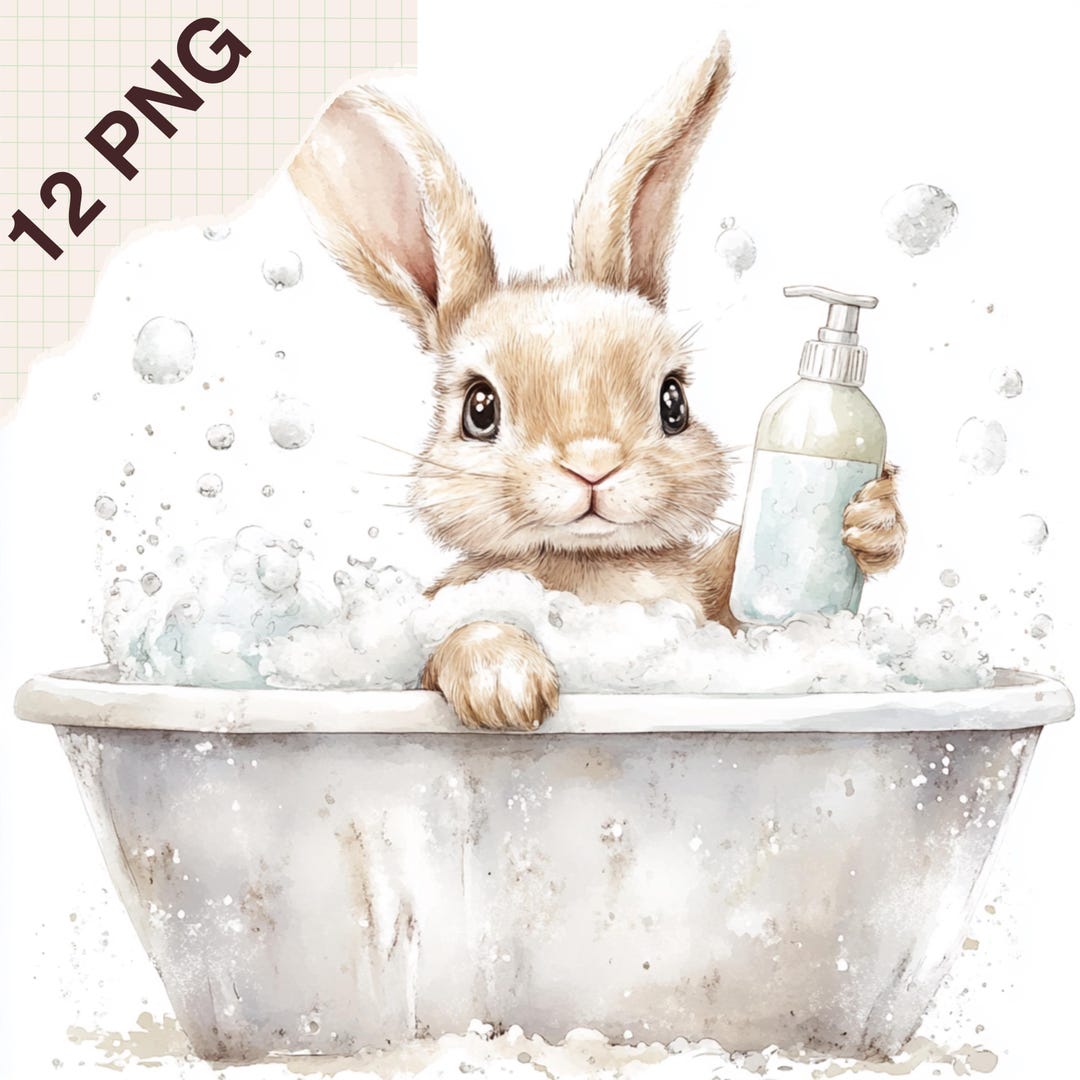 12 PNG Bunny in Bathtub Clipart Bundle Watercolor Bunny Washing Digital ...