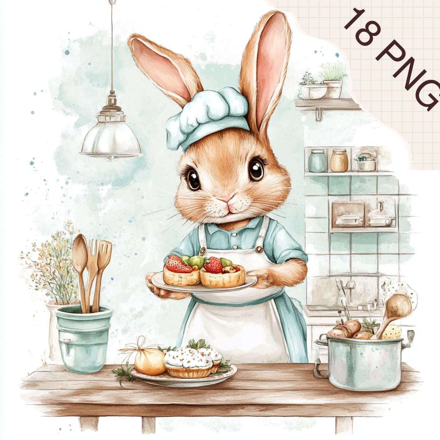 18 PNG Watercolor Bunny Chef Clipart Bunny Baking Cooking Watercolor ...