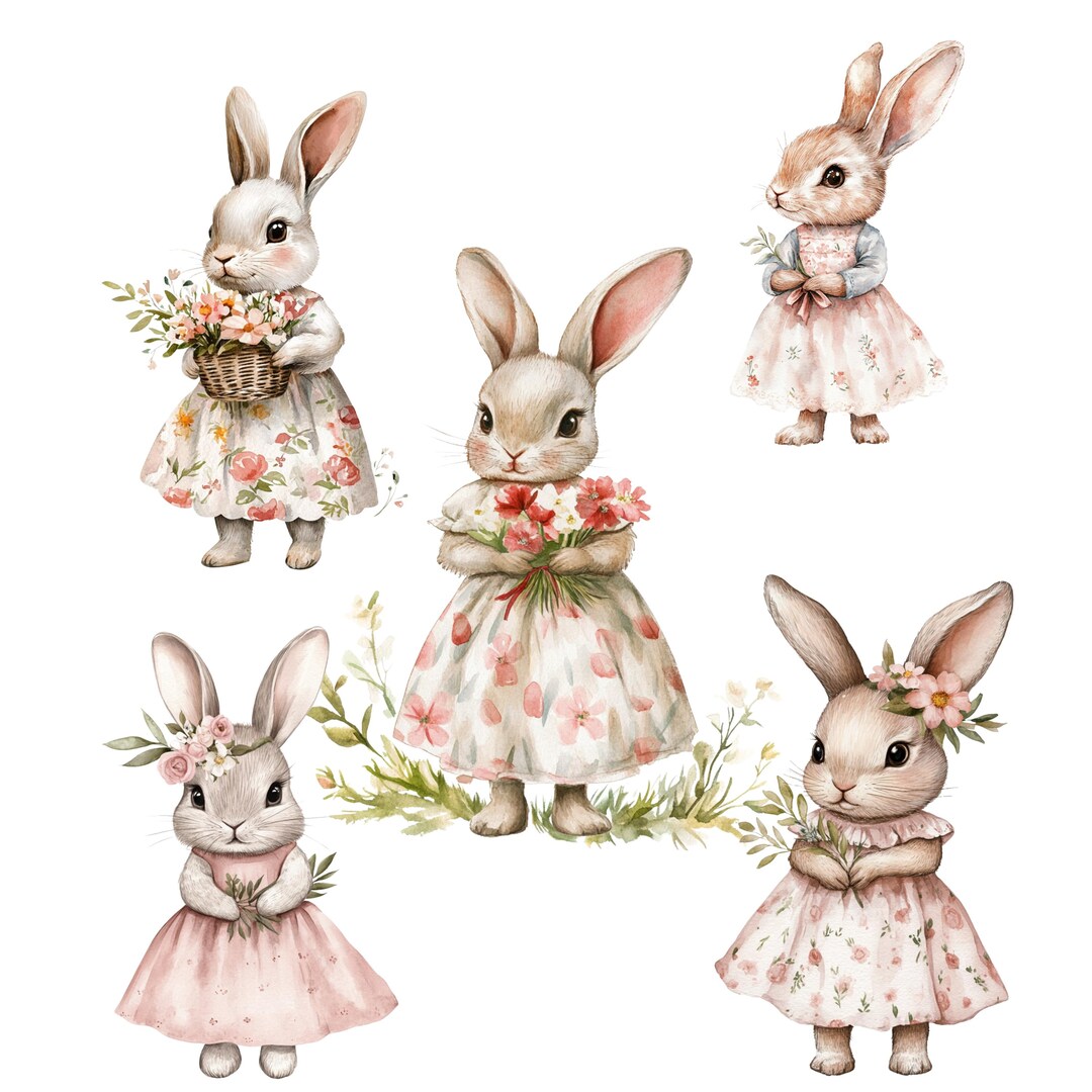 16 PNG Easter Spring Watercolor Clipart Bunny in Vintage Dress Digital ...