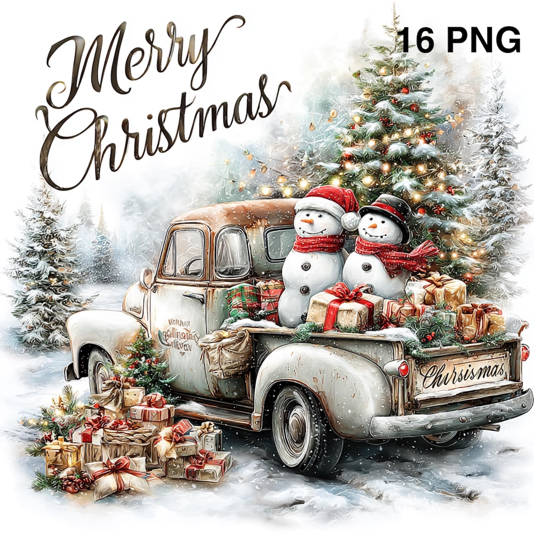 16 PNG Watercolor Christmas Snowman and Truck Retro Car Christmas ...