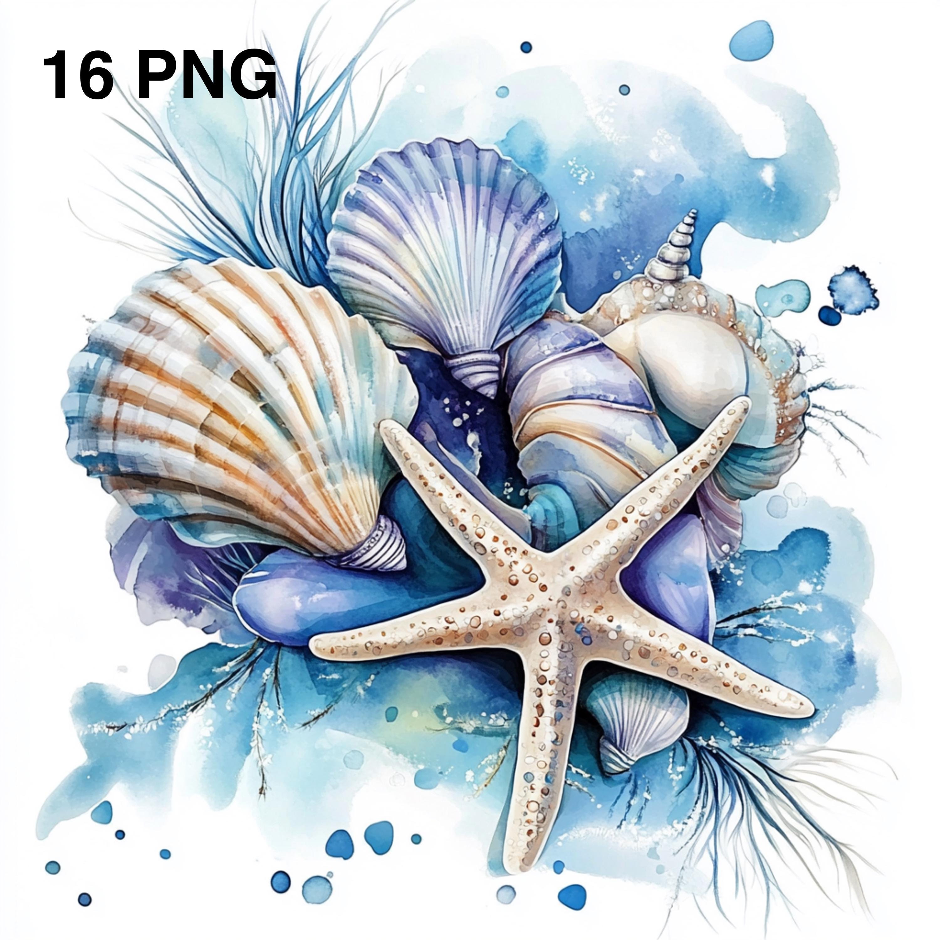 16 PNG Blue Watercolor Starfish Clipart Printable Seashell Underwater ...
